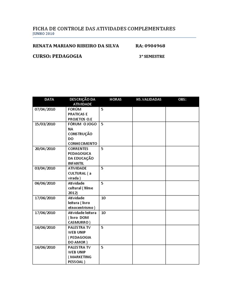 Ficha de Controle Das Atividades Complementares | PDF