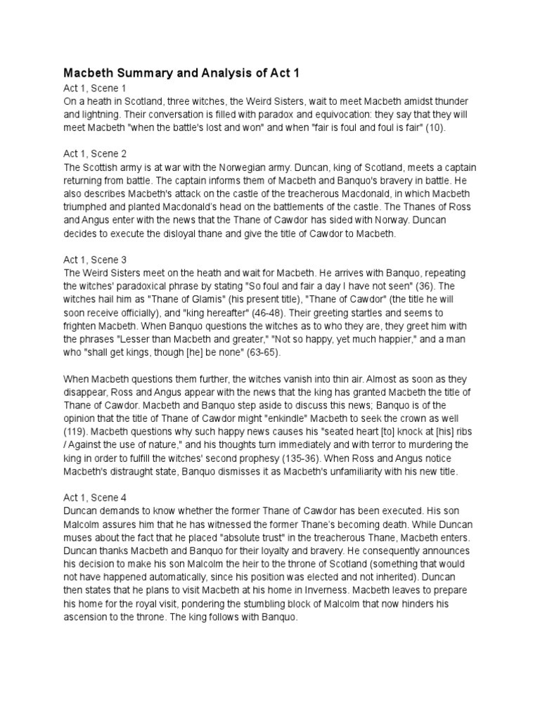 Act 1-5 Summary | PDF | Macbeth | Shakespearean Tragedies