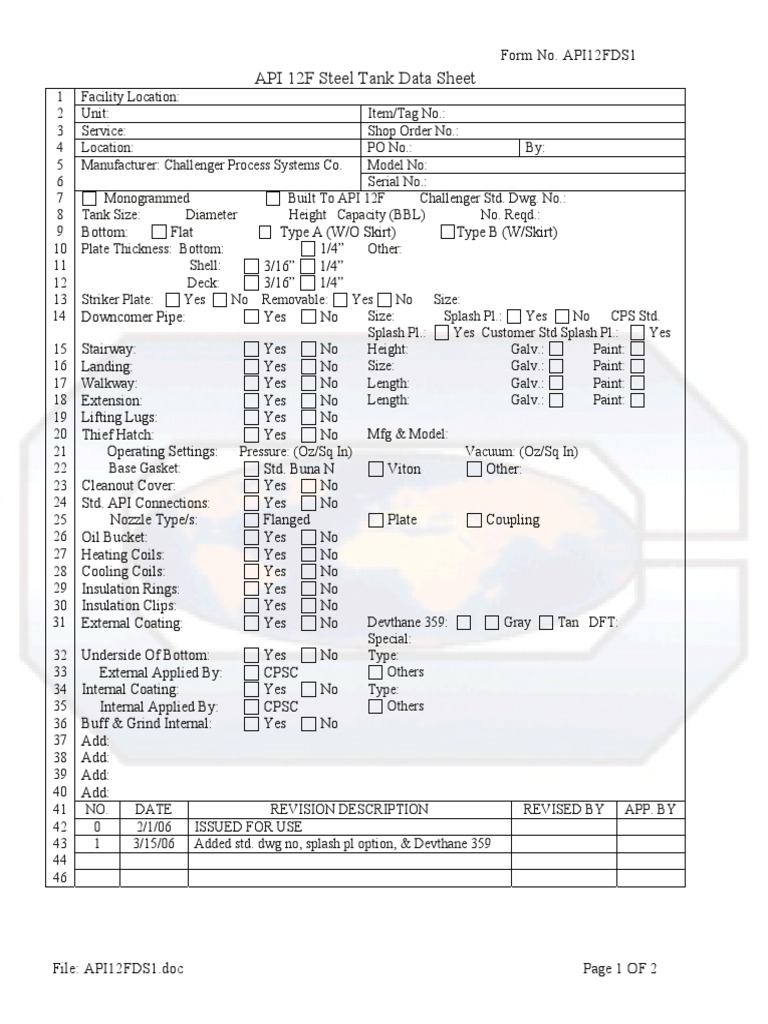API 12F Steel Tank Data Sheet: Form No. API12FDS1 | PDF | Pipe (Fluid ...