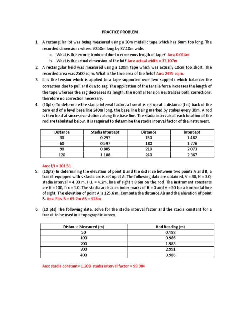 Practice Problems | PDF | Length | Surveying