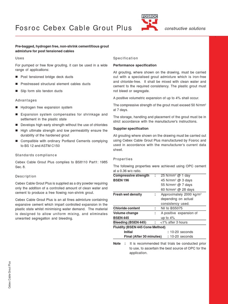Fosroc Cebex Cable Grout Plus: Constructive Solutions | PDF | Concrete ...