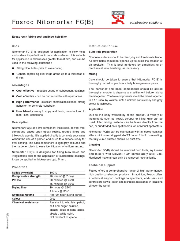 Fosroc Nitomortar FC (B) : Constructive Solutions | PDF | Epoxy | Materials