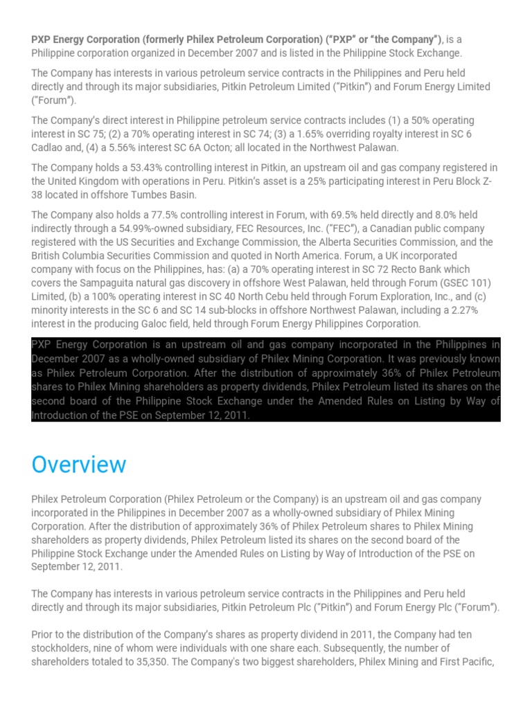 PXP Energy Corporation (Formerly Philex Petroleum Corporation) ("PXP ...