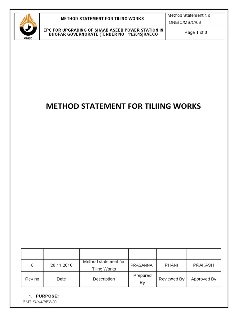 Method Statement For Tiliing Works: Method Statement No.: ONEIC/MS/C/08 Page 1 of 3 | PDF | Tile