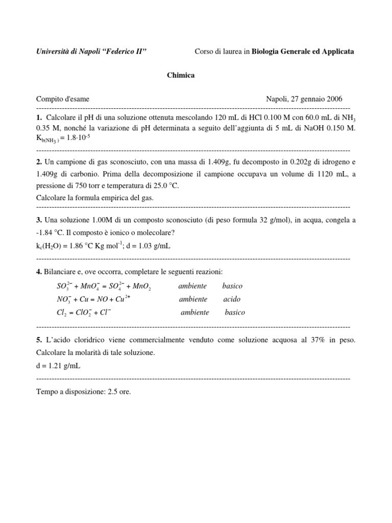 Esercizi Chimica Generale | PDF