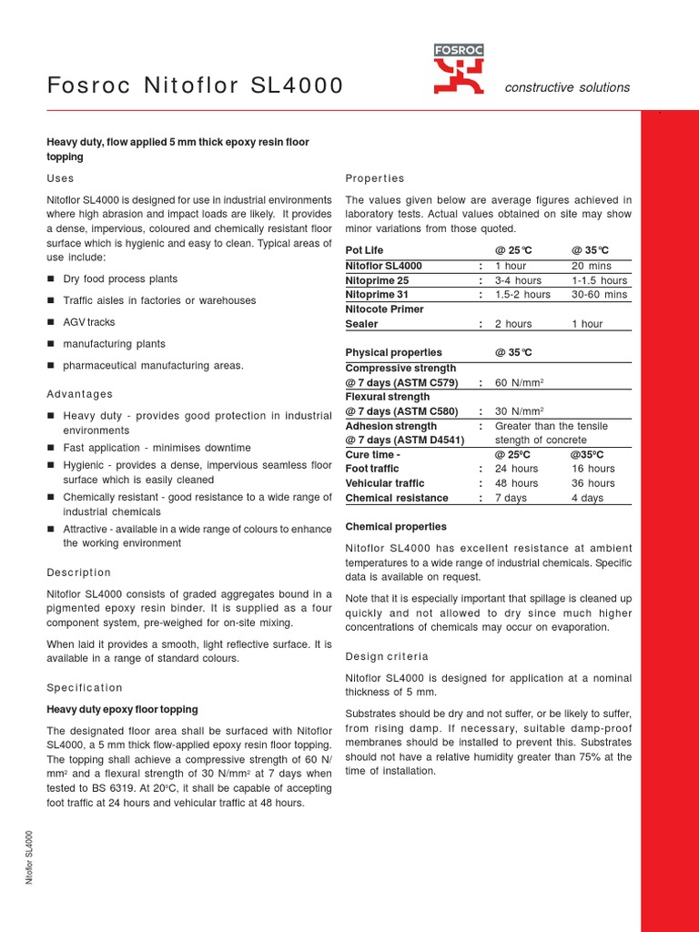Fosroc Nitoflor SL4000: Constructive Solutions | PDF | Epoxy | Concrete