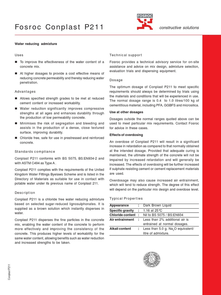 Fosroc Conplast P211: Water Reducing Admixture Uses Technical Support ...