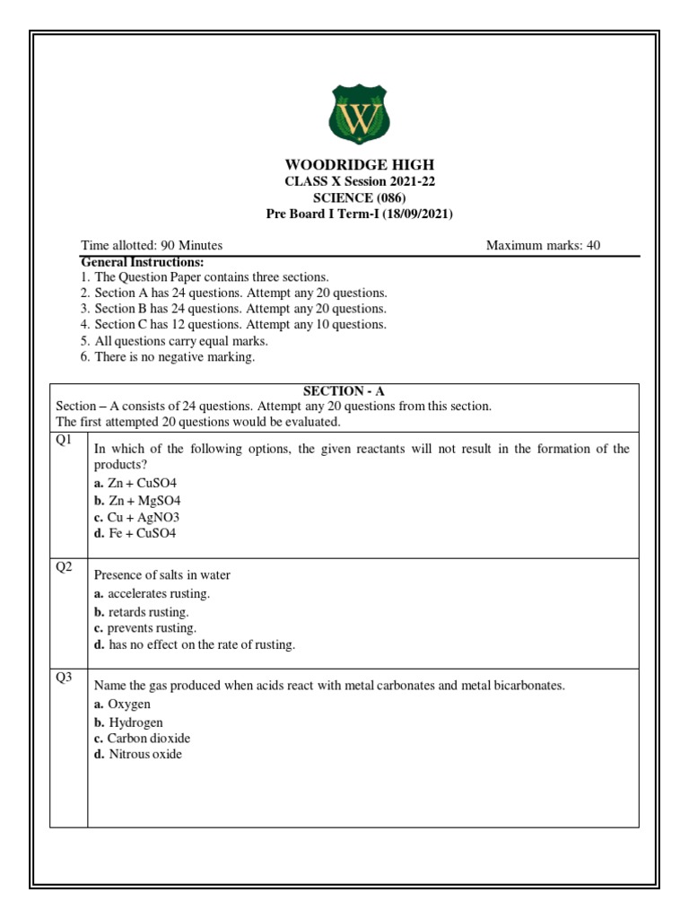 Woodridge High Class X Science Pre-Board Exam | PDF | Hydroxide | Aluminium