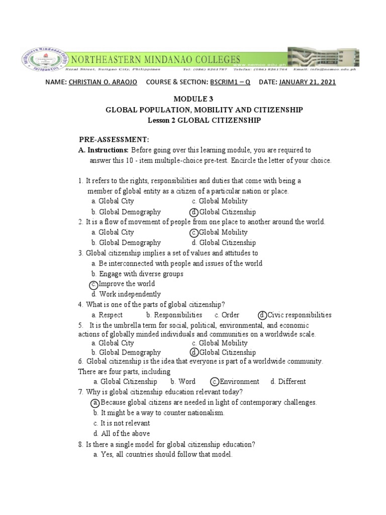 Ge3m3l2 Pre Assessment | PDF | Citizenship | Globalization