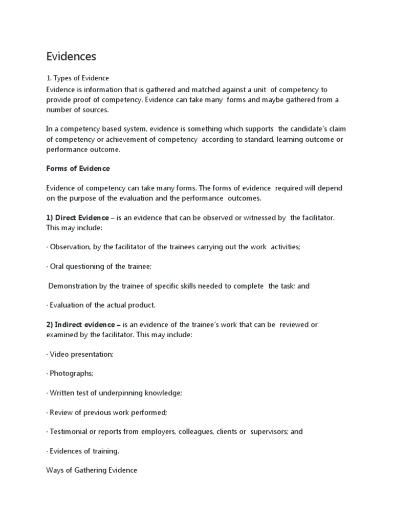Evidences: 1. Types of Evidence | PDF | Competence (Human Resources ...