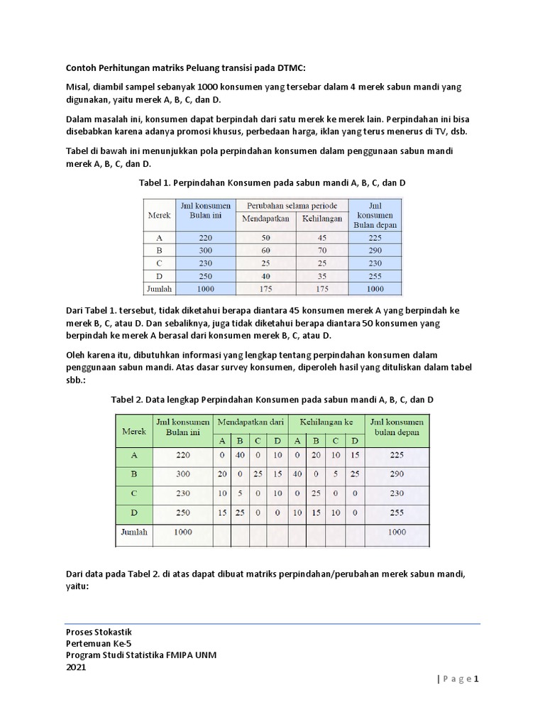 Pert 5 Contoh Perhitungan Matriks Peluang Transisi Pada DTMC | PDF