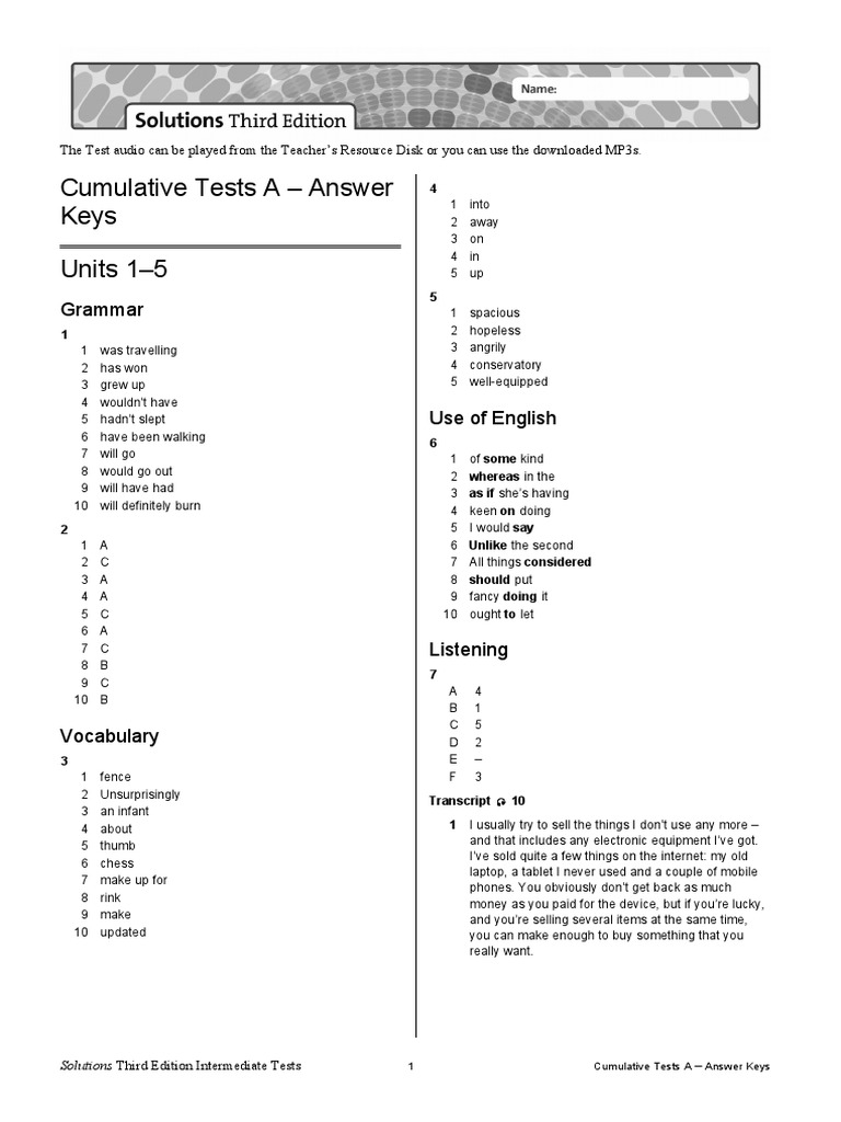 Cumulative Tests A - Answer Keys Units 1-5: Grammar | PDF | Selfie