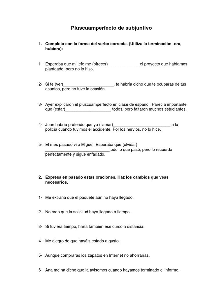 Ejercicios Pluscuamperfecto Subjuntivo | PDF