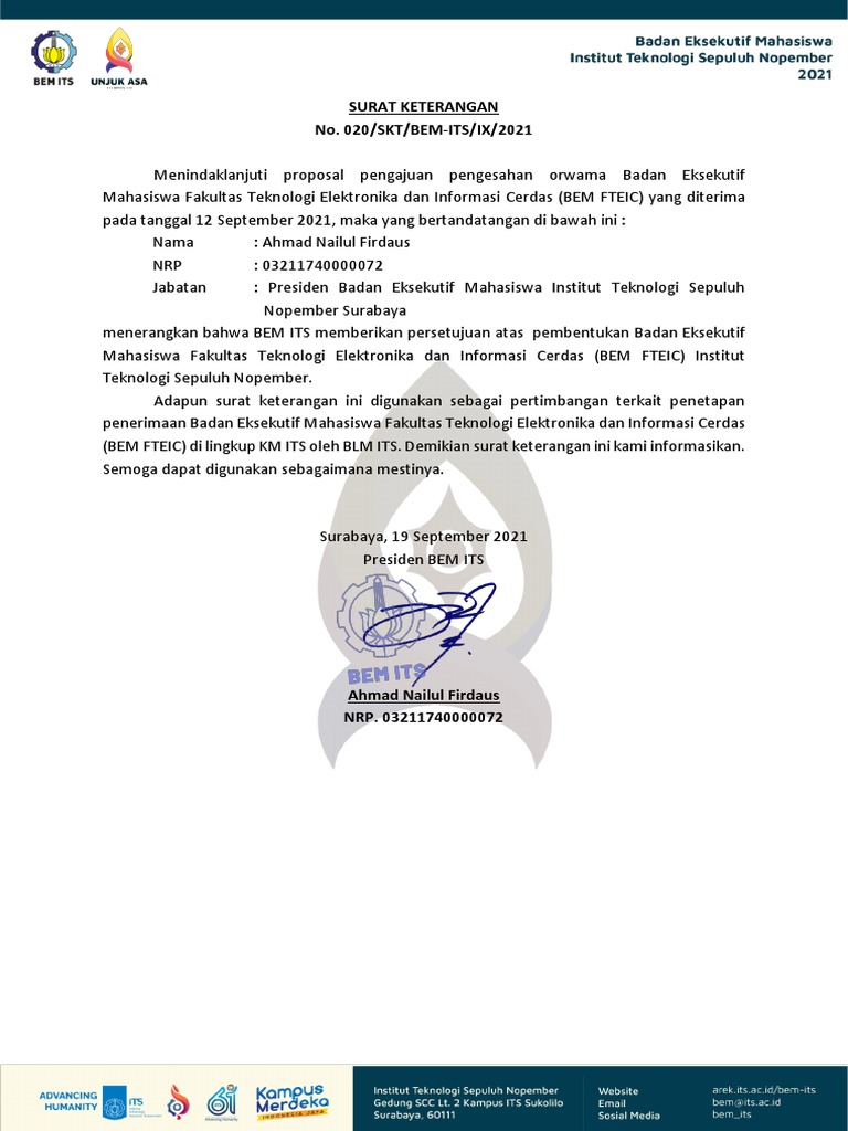 020 SKT BEM-ITS Legalisasi BEM FTEIC | PDF