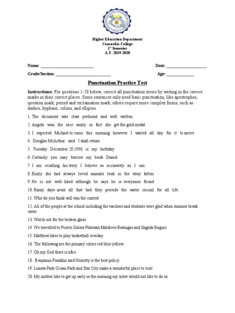 Punctuation Mark Sample Test | PDF | Comma | Linguistics