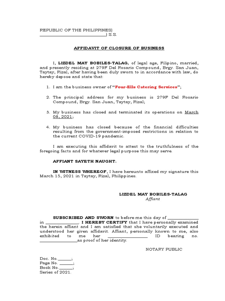 Affidavit of Closure of Business | PDF