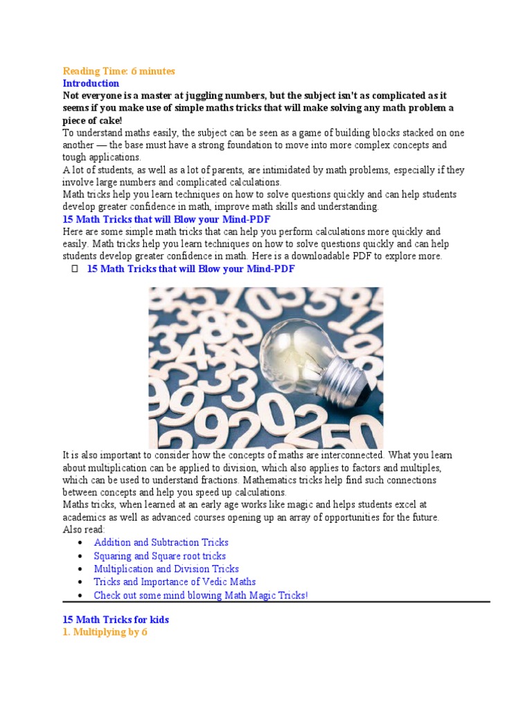 15 Math Tricks Kids | PDF | Multiplication | Numbers