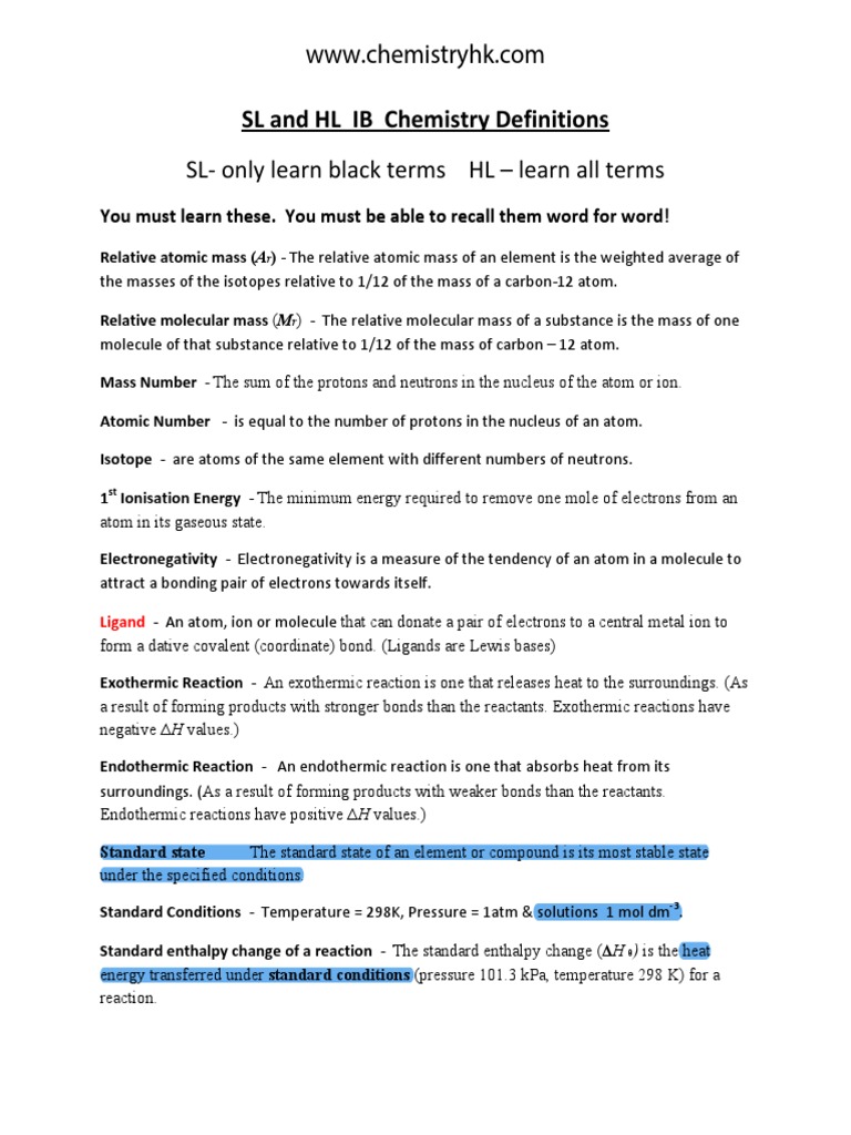 IB Chemistry Definitions SL/HL | PDF | Redox | Chemical Reactions