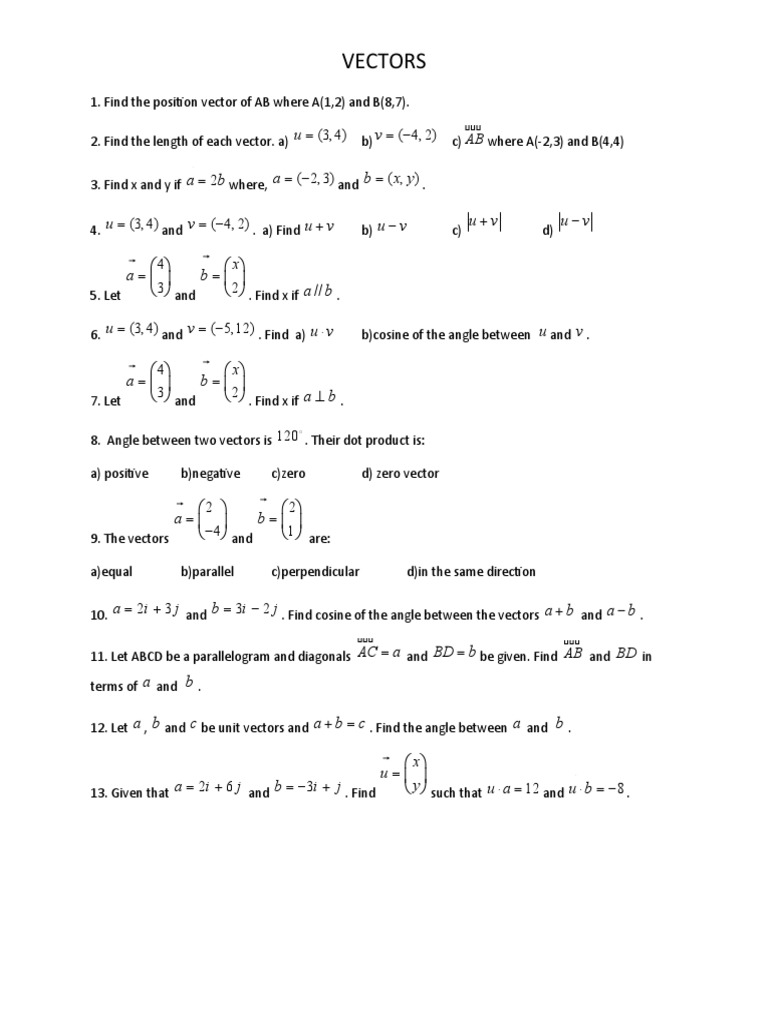 Vectors Worksheet | PDF | Euclidean Vector | Geometry
