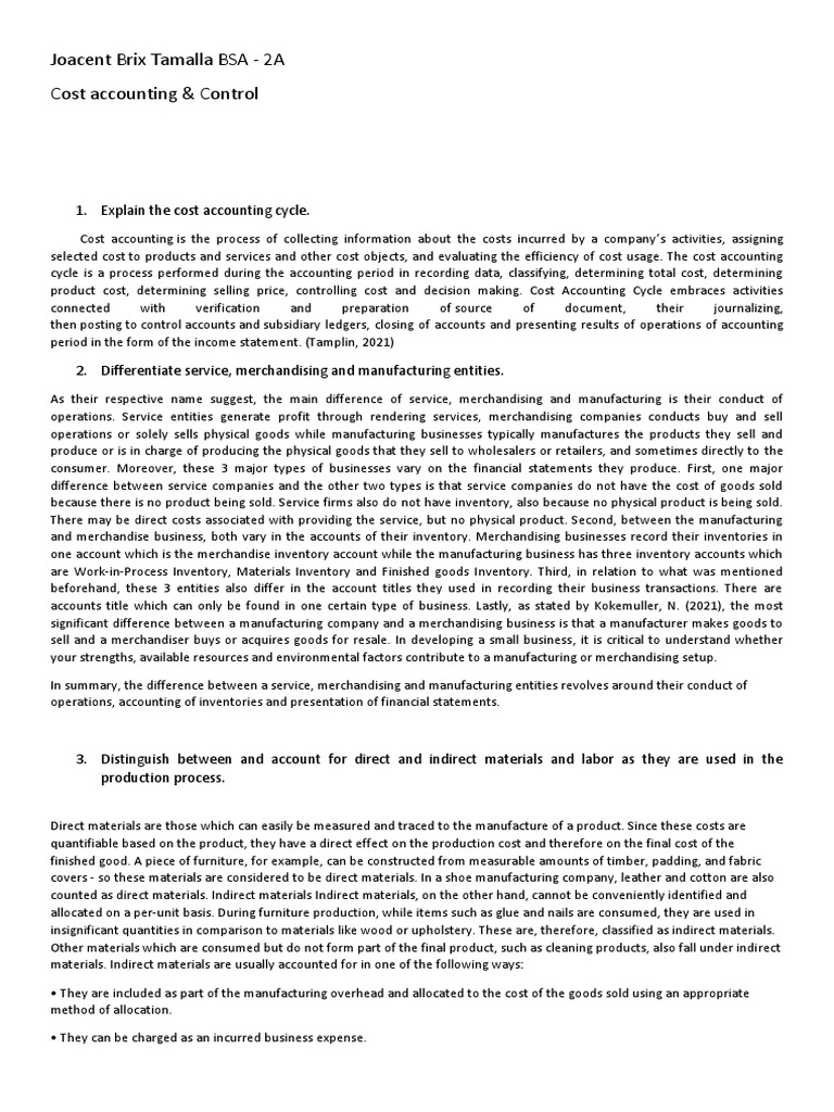Joacent Brix Tamalla BSA - 2A Cost Accounting & Control | PDF | Expense ...