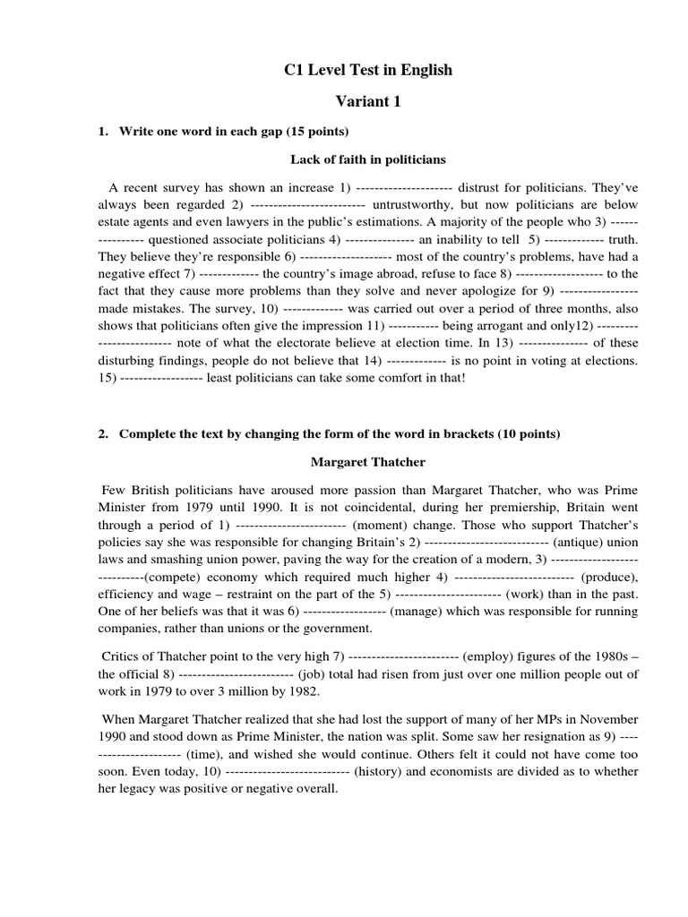 C1 Level Test in English Variant 1: 1. Write One Word in Each Gap (15 ...