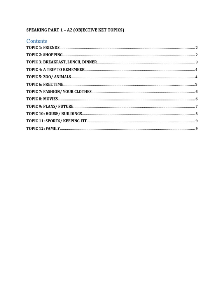 A2 Speaking Topics for Objective KET | PDF | Lunch | Food And Drink
