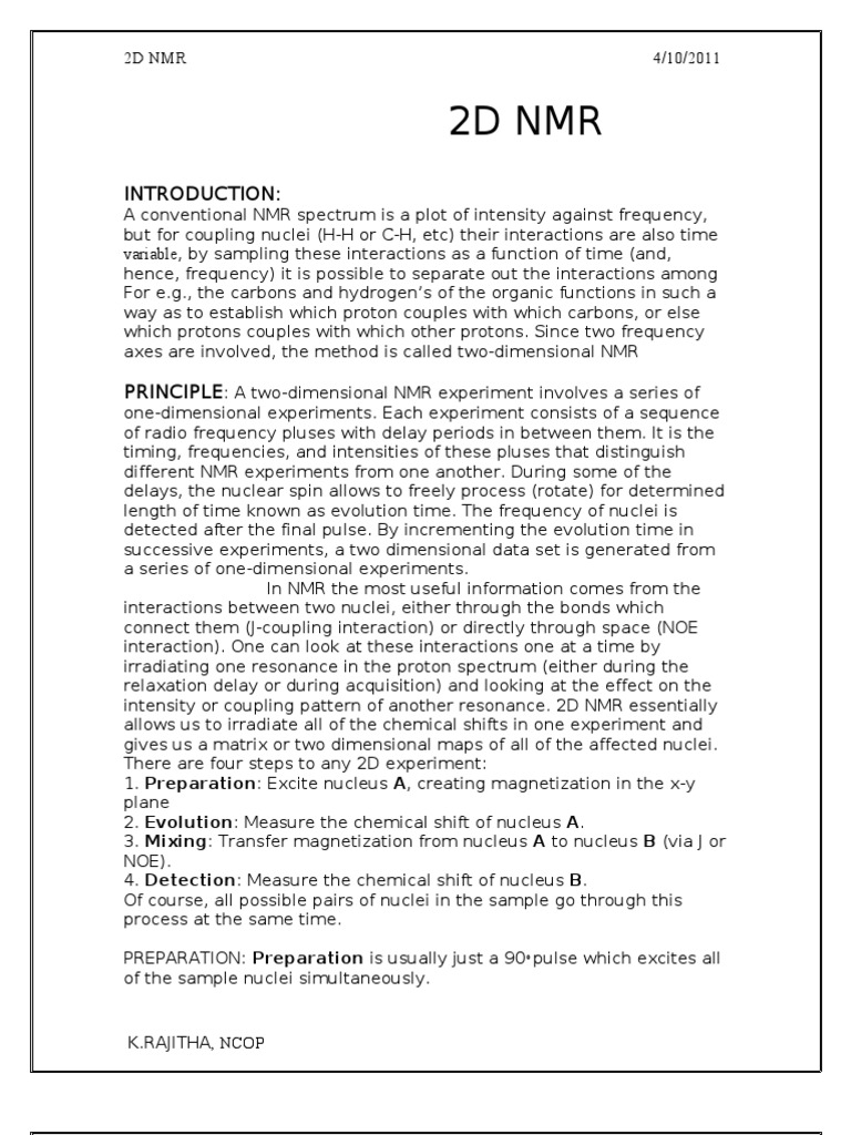 2D NMR | PDF | Two Dimensional Nuclear Magnetic Resonance Spectroscopy | Nuclear Magnetic ...