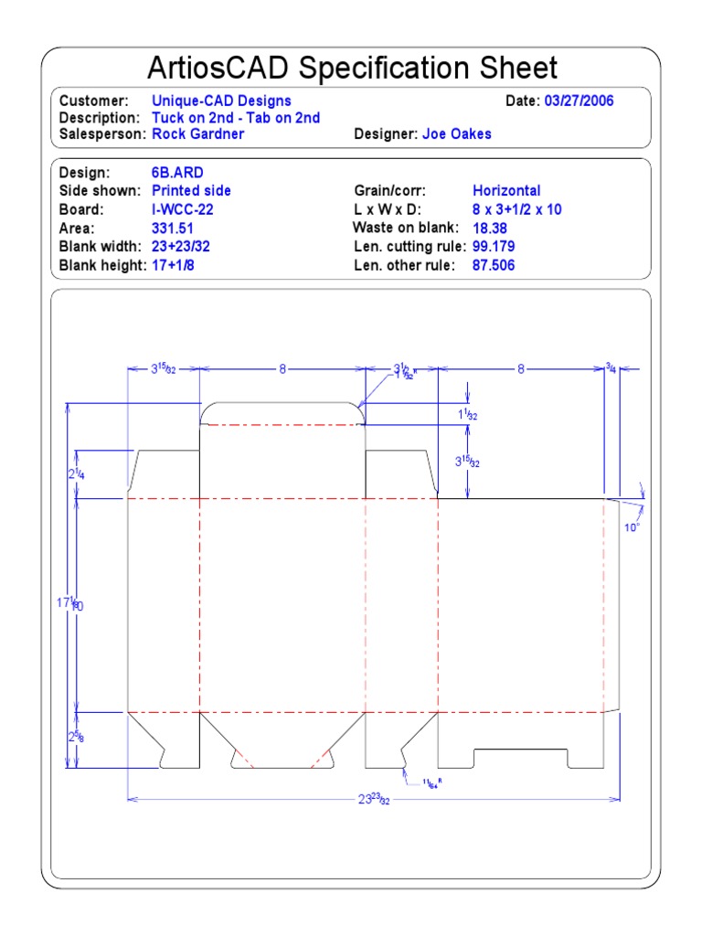 Artioscad Specification Sheet: Unique-Cad Designs Tuck On 2Nd - Tab On ...