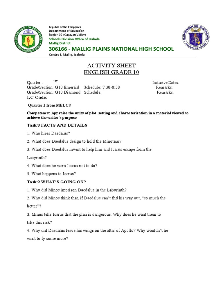 The Myth of Daedalus and Icarus: An Activity Sheet for Grade 10 ...