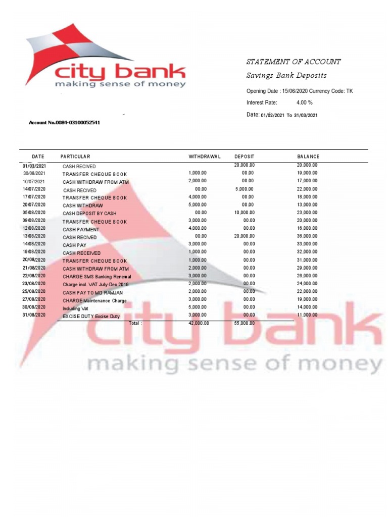 City Bank Statement | PDF | Cheque | Deposit Account