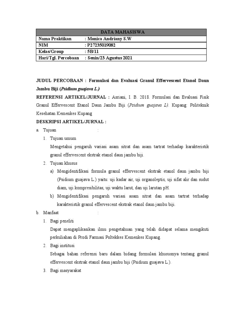 Formulasi Dan Evaluasi Granul Effervescent Etanol Daun Jambu Biji (Psidium Guajava L) - Monica ...