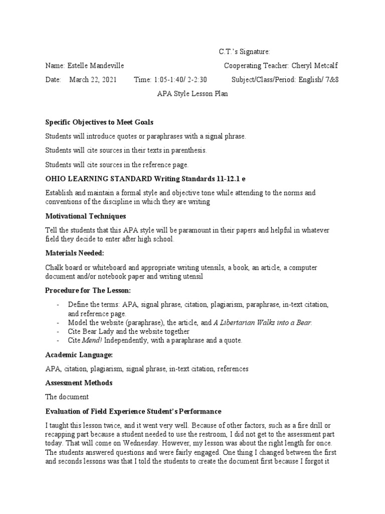 Lesson Plan 2 | PDF | Citation | Apa Style