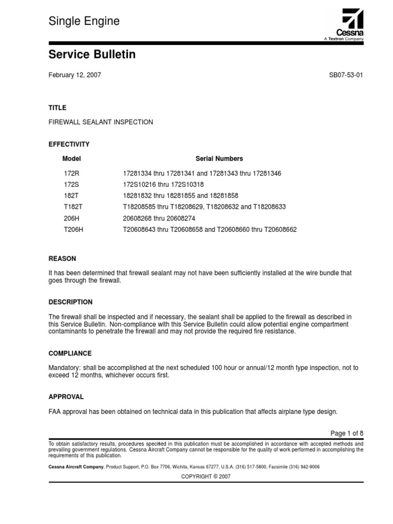 Service Bulletin: Single Engine | PDF | Aviation