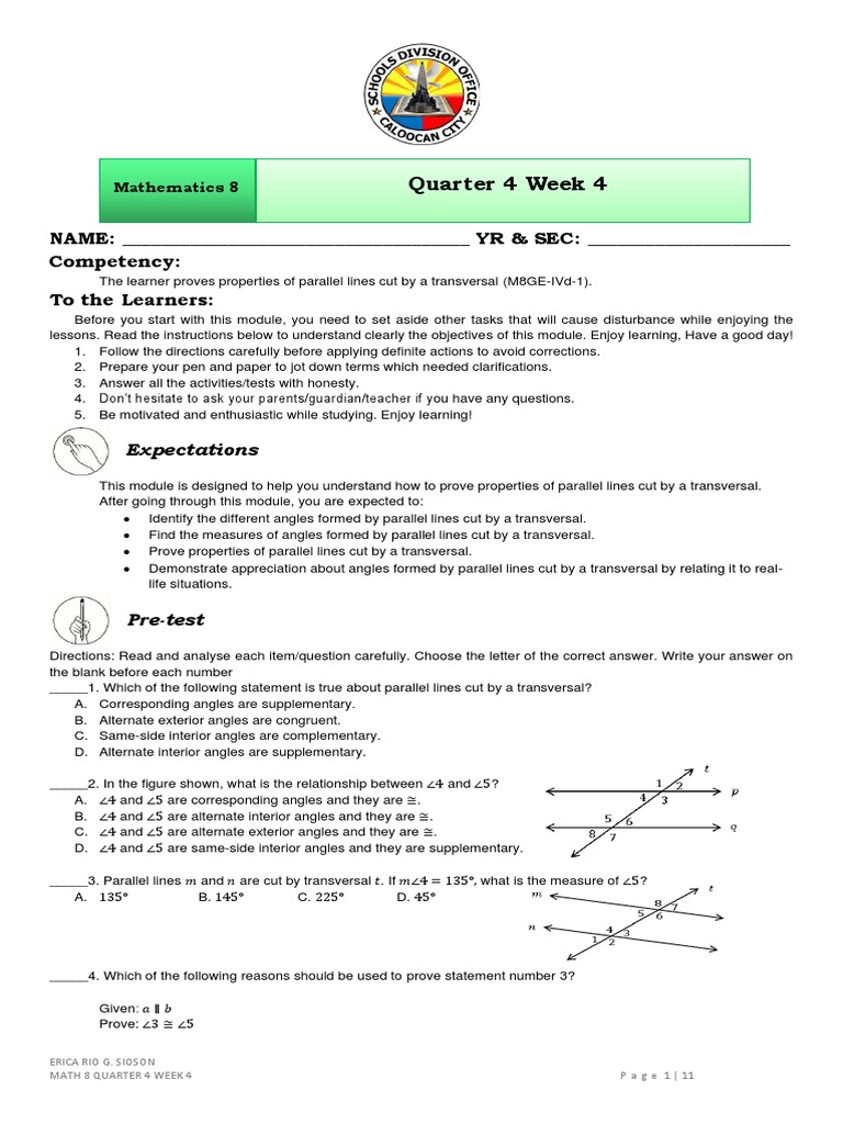 Math 8 Q4 Week 4 1 | PDF | Angle | Mathematics