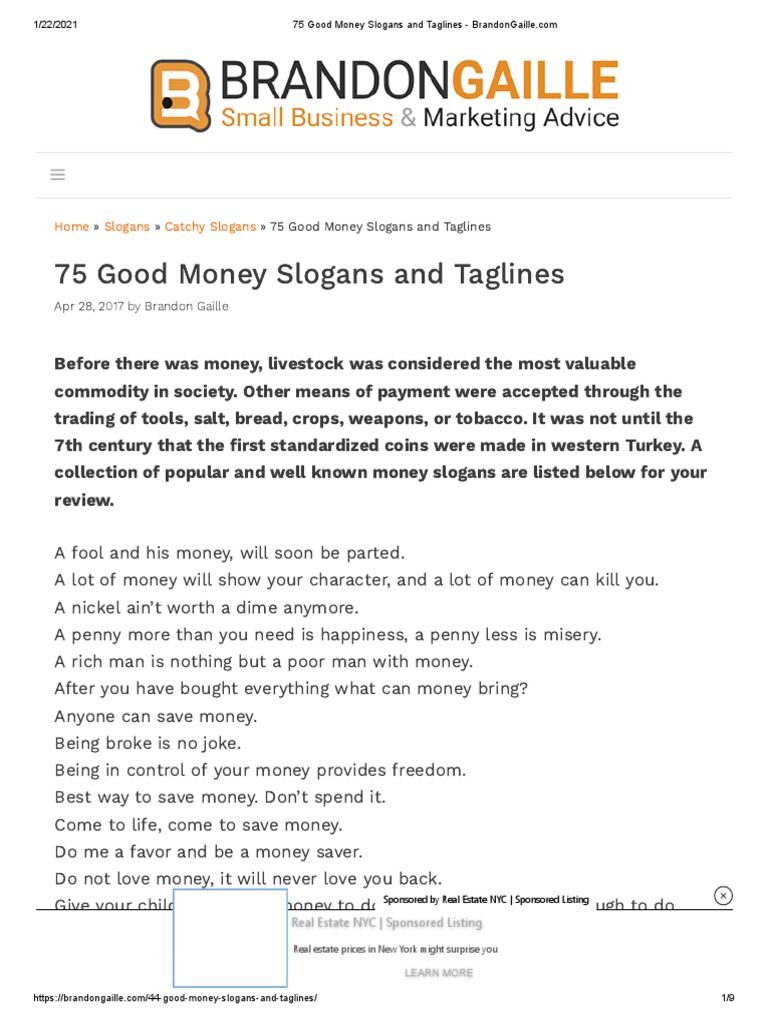 75 Good Money Slogans and Taglines | PDF | Money | Blog