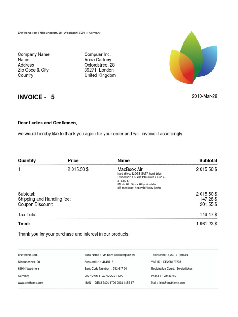 Invoice for MacBook Air Purchase | PDF | Computer Hardware | Business