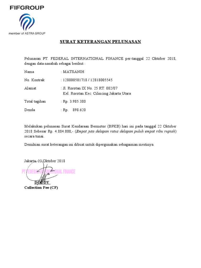 Surat Pelunasan FIF | PDF
