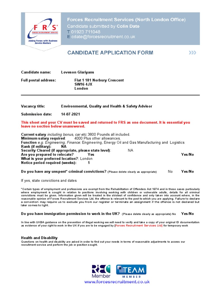 FRS Candidate Application Form | PDF | Occupational Safety And Health ...