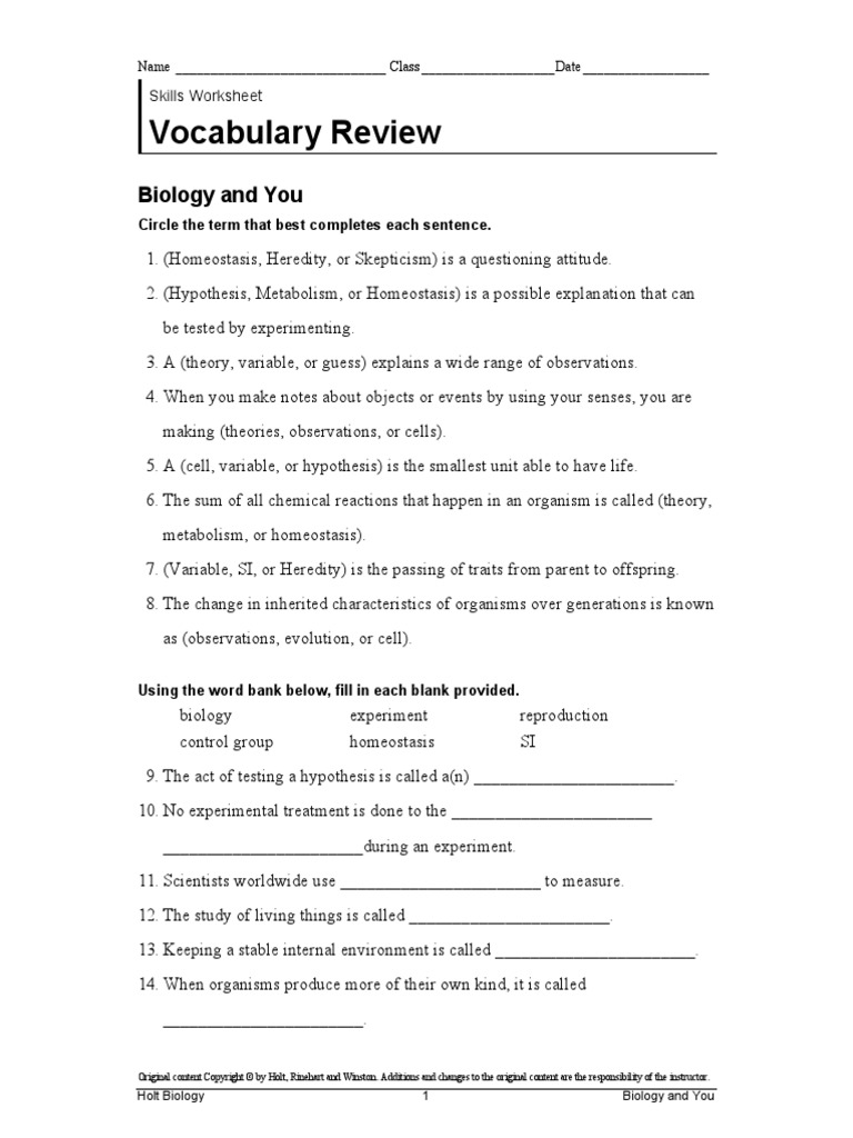 Holt Biology Worksheets Holt Biology New York: The Living Environment,