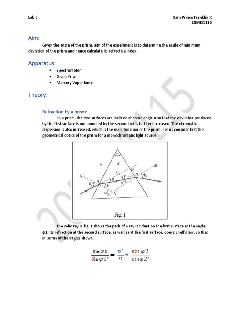 Sam Prince Franklin - 20MIS1115 - Physics Lab 3 | PDF | Prism | Angle