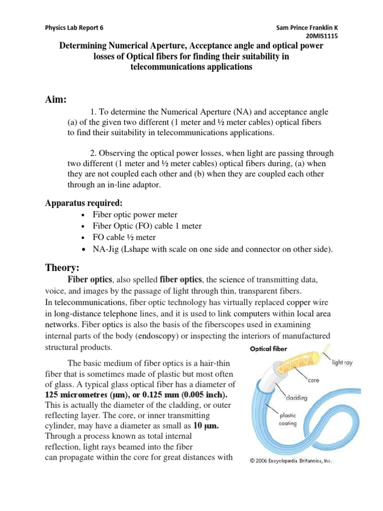 Sam Prince Franklin - 20MIS1115 - Physics Lab 6 | PDF | Optical Fiber | Attenuation