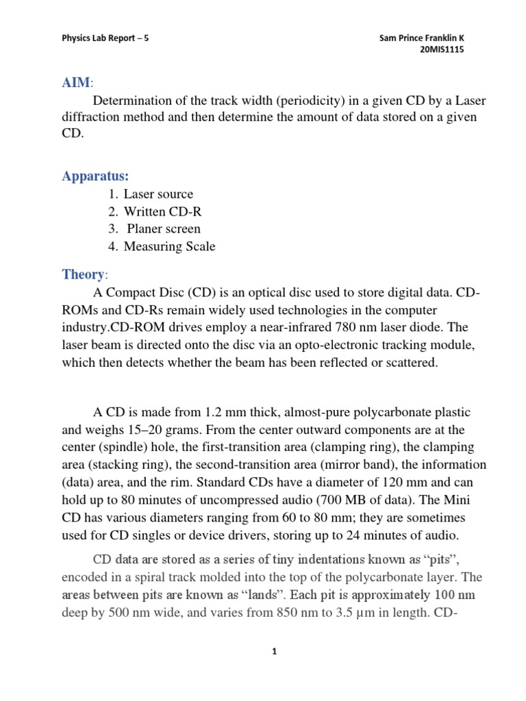 Physics Lab Report - 5 Sam Prince Franklin K 20MIS1115 | PDF | Compact ...