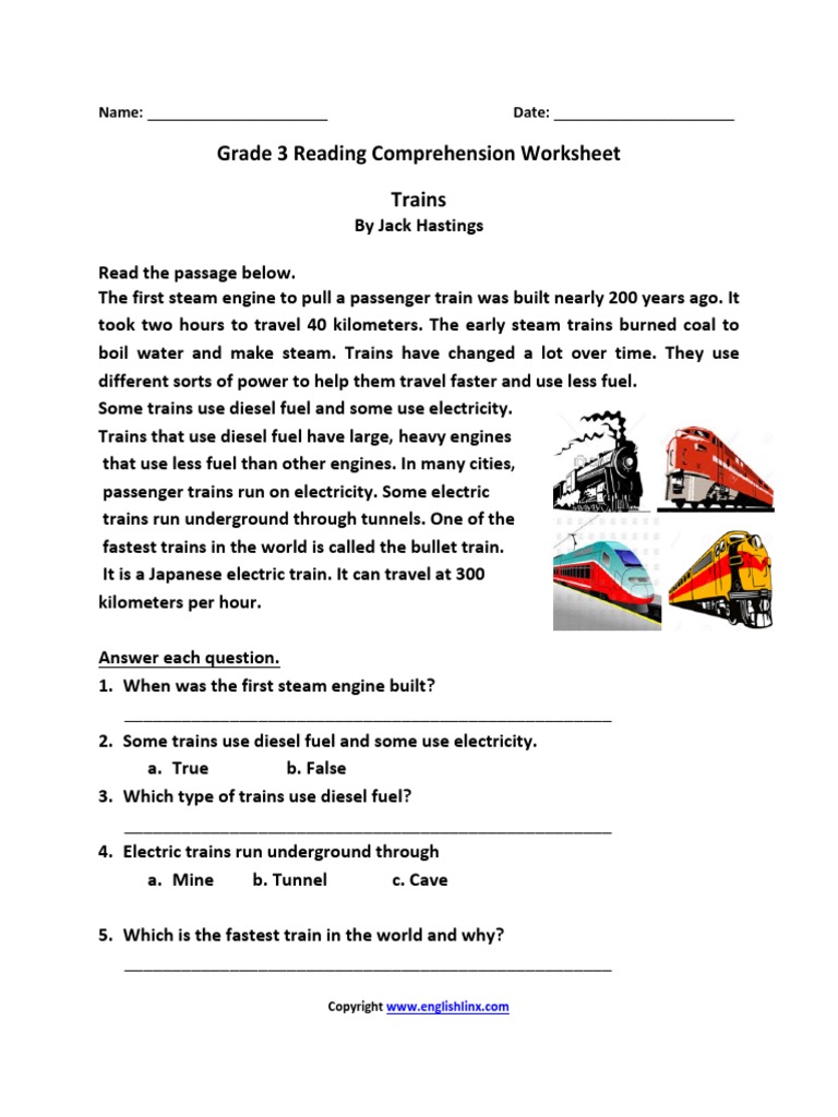 Grade 3 Reading Comprehension Worksheet Trains | PDF | Train | Diesel ...