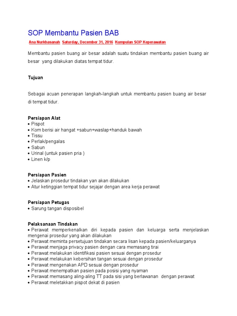 SOP Membantu Pasien BAB | PDF | Kesehatan Holistik