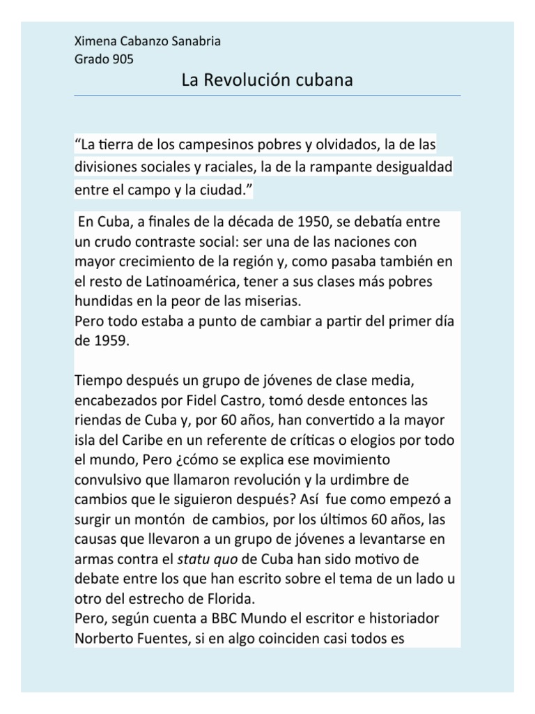 La Revolución Cubana Ensayo | PDF | Cuba | Revolución cubana