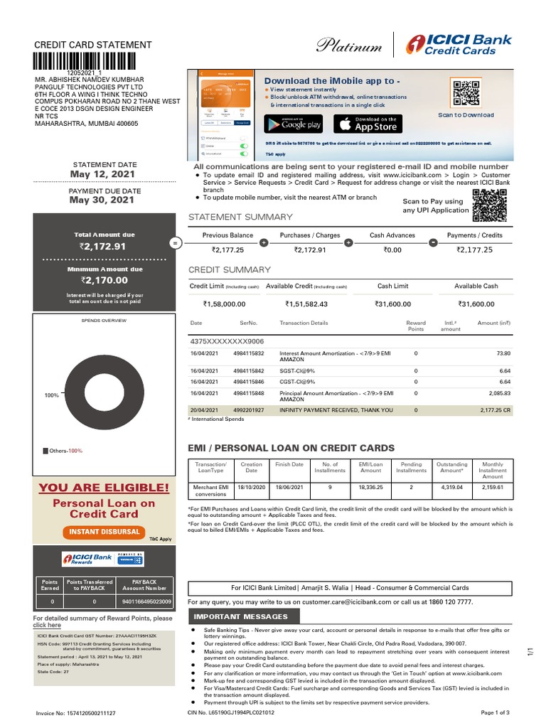 May 12, 2021 May 30, 2021: Credit Card Statement | Download Free PDF ...