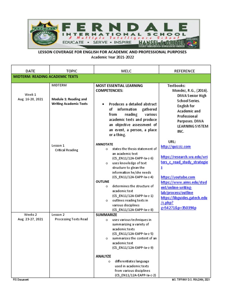 Lesson Coverage For English For Academic and Professional Purposes ...