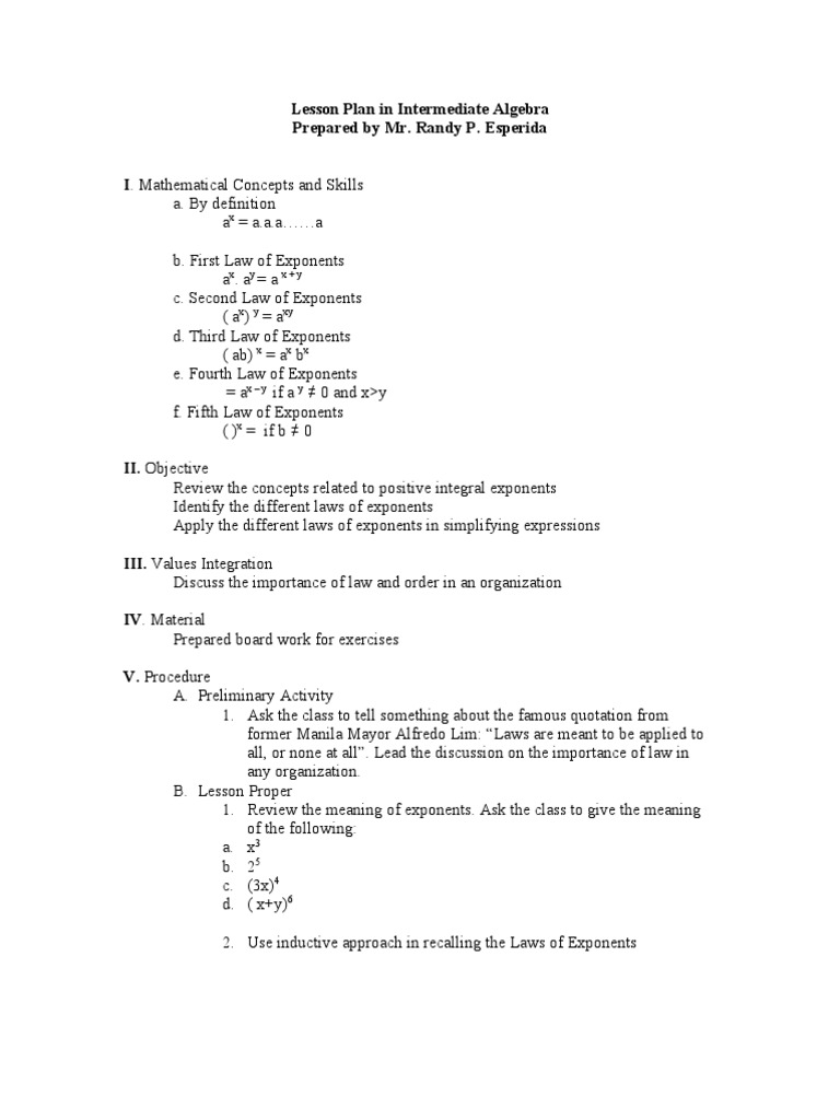 Intermediate Algebra: Exponents Lesson Plan | PDF | Exponentiation ...