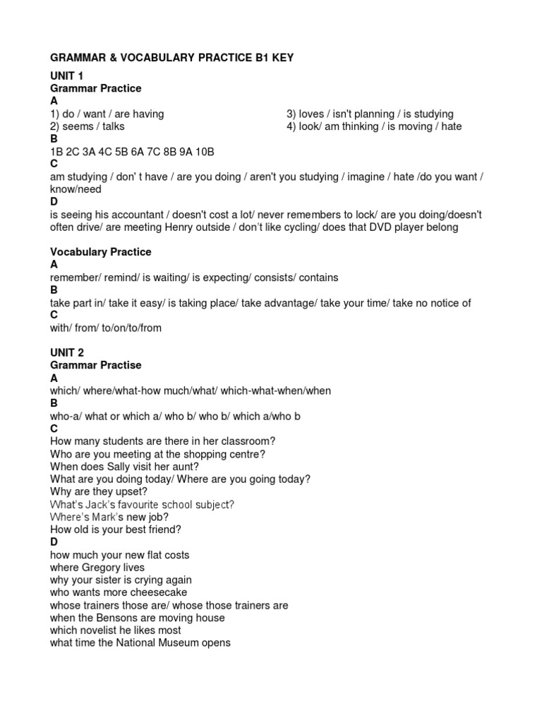 B1 Grammar & Vocabulary Practice Key | PDF | Career & Growth | Foreign ...