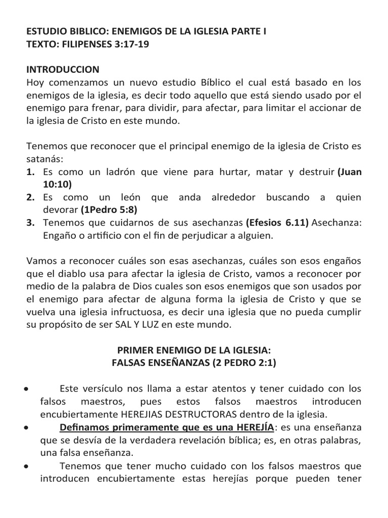 Estudio Bíblico Enemigos de La Iglesia I Parte 1 | PDF | Cristo (título ...